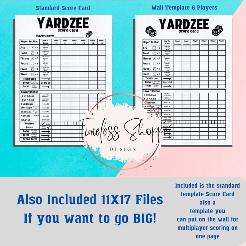 Yardzee Score Card Printable, US Letter & 11x17 (digital Download) - Etsy