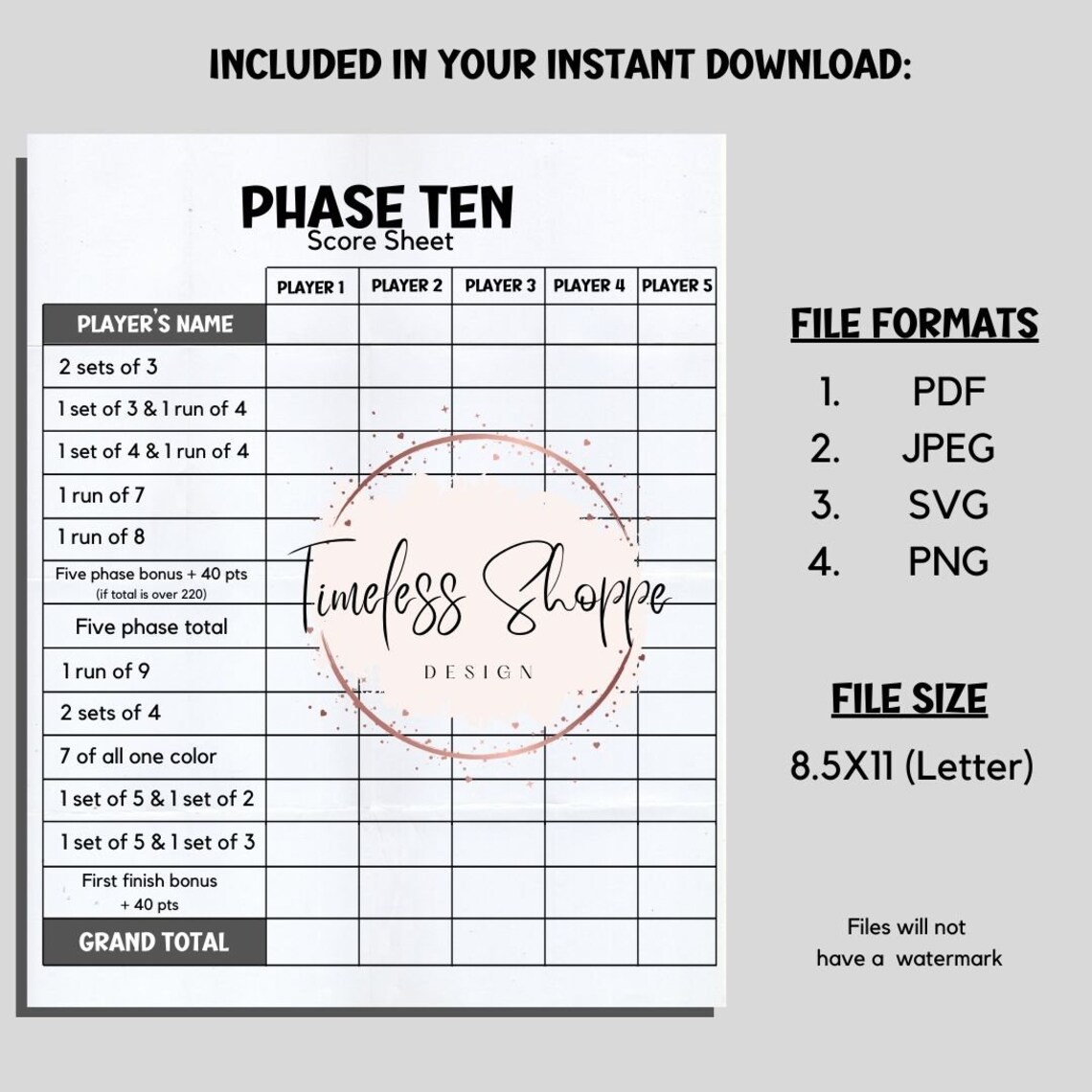 Phase Ten Score Card, Phase Ten Scoresheet, Phase Ten Scoring ...