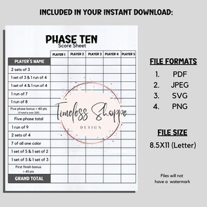 Phase Ten Score Card, Phase Ten Scoresheet, Phase Ten Scoring ...
