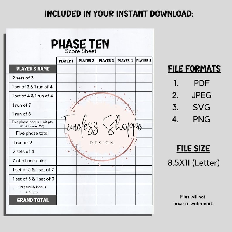 Phase Ten Score Card, Phase Ten Scoresheet, Phase Ten Scoring ...