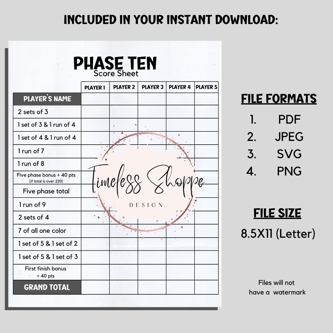 Phase Ten Score Card, Phase Ten Scoresheet, Phase Ten Scoring ...