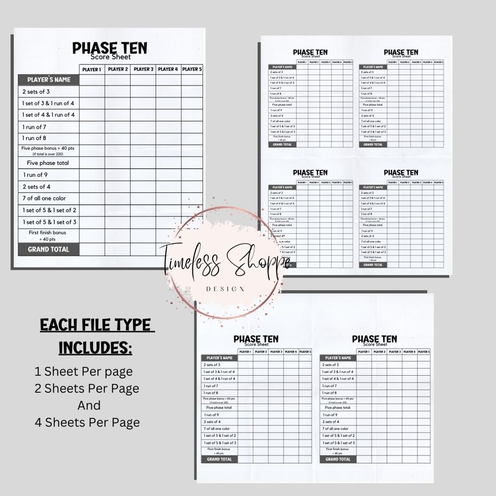 Phase Ten Score Card, Phase Ten Scoresheet, Phase Ten Scoring ...