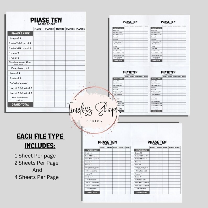 Phase Ten Score Card, Phase Ten Scoresheet, Phase Ten Scoring ...