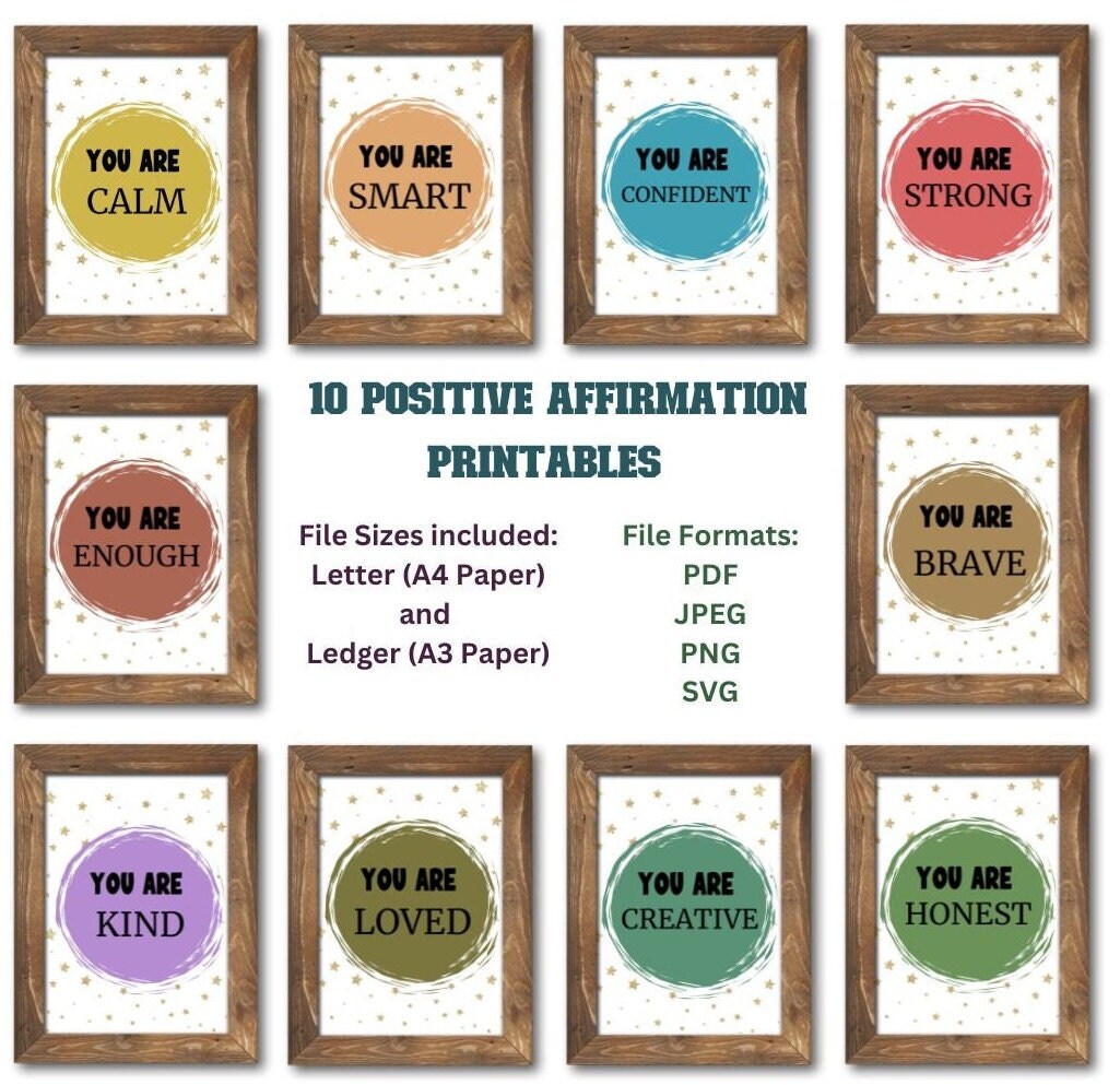 Positive Affirmations for Kids, Set of 10 Printables, Affirmation Wall ...