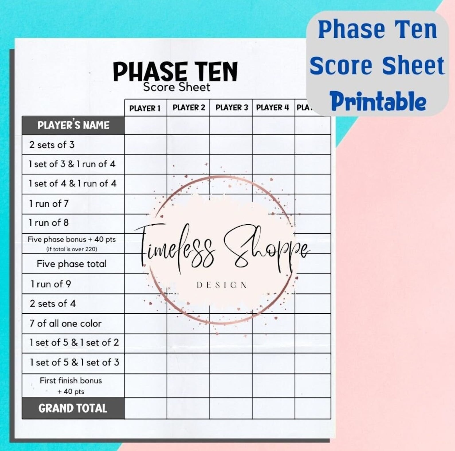 Phase Ten Score Card, Phase Ten Scoresheet, Phase Ten Scoring ...