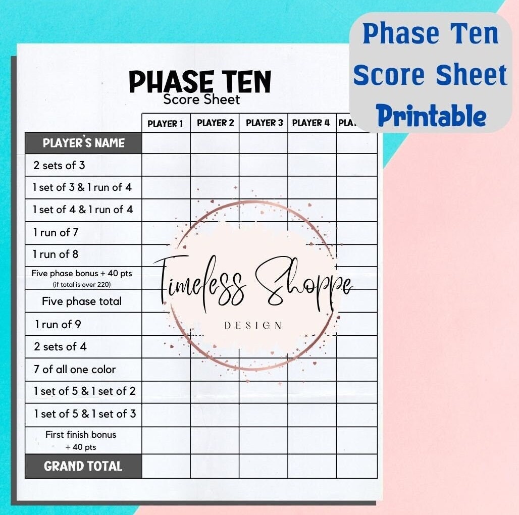 Phase Ten Score Card, Phase Ten Scoresheet, Phase Ten Scoring ...