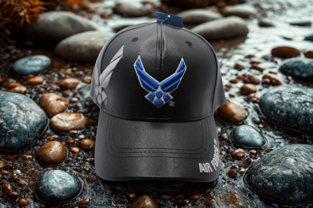 U.S Air Force Blue Logo Faux Leather Black Cap. US Military Hat ...