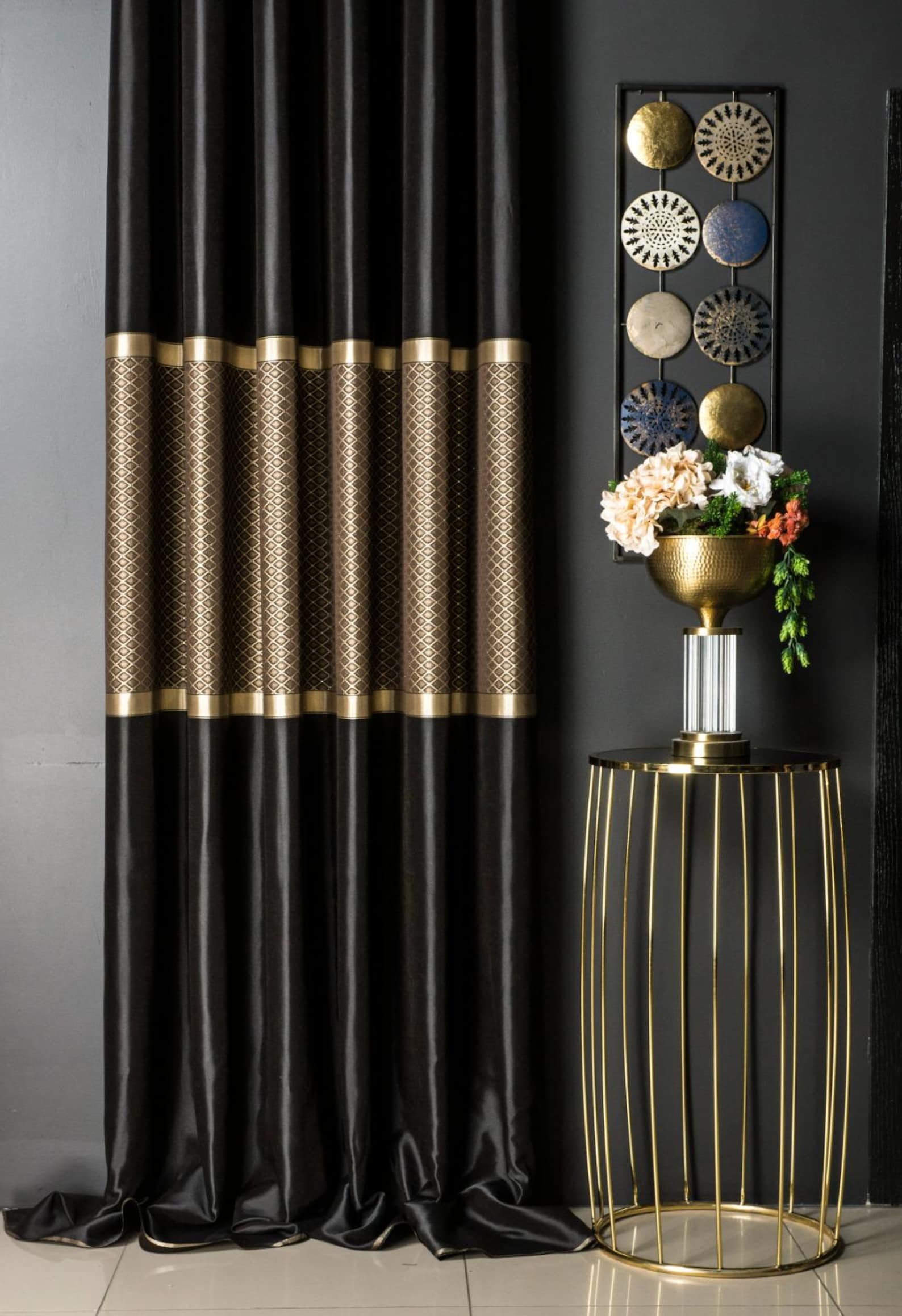 Black Gold Color Block Curtain, Luxury Custom Geometric Drape for ...