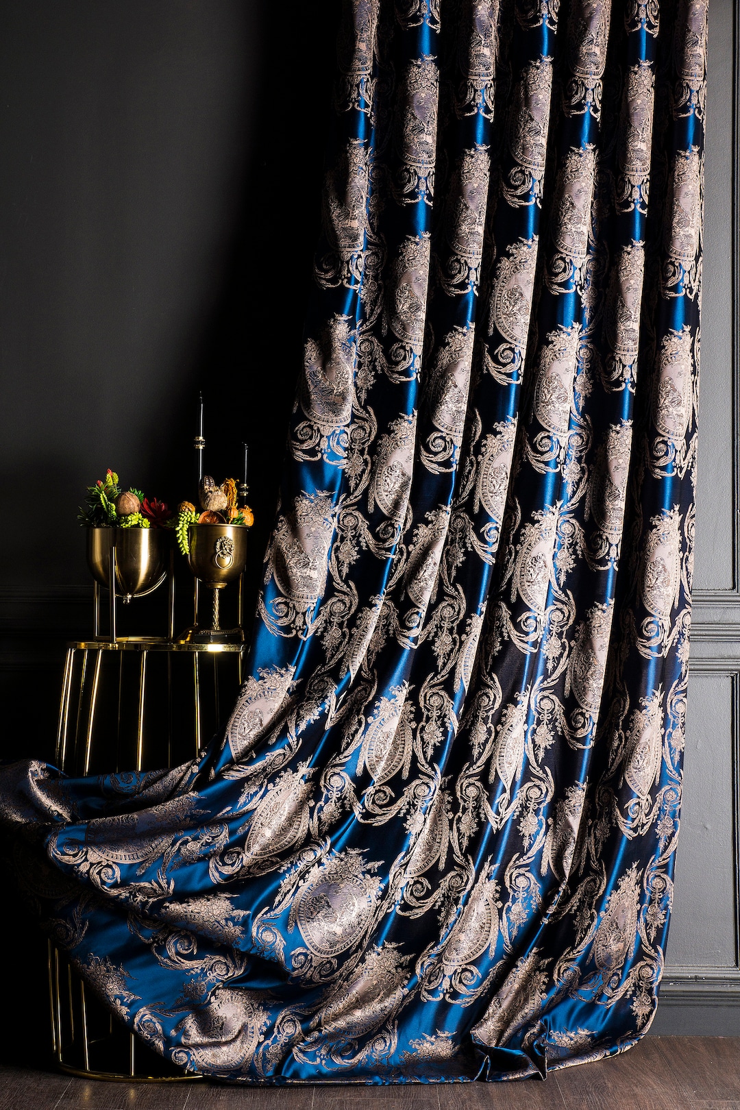Patterned Damask Curtains Gold Blue Luxury Fabric Livingroom Bedroom ...