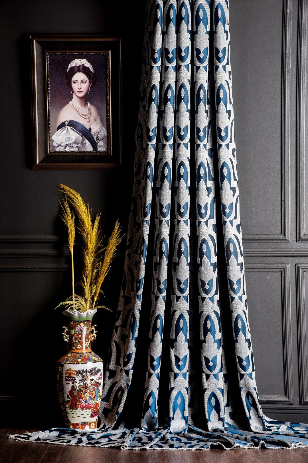 Luxury Damask Patterned Curtain Panel,custom Size Drape Blue,silver ...