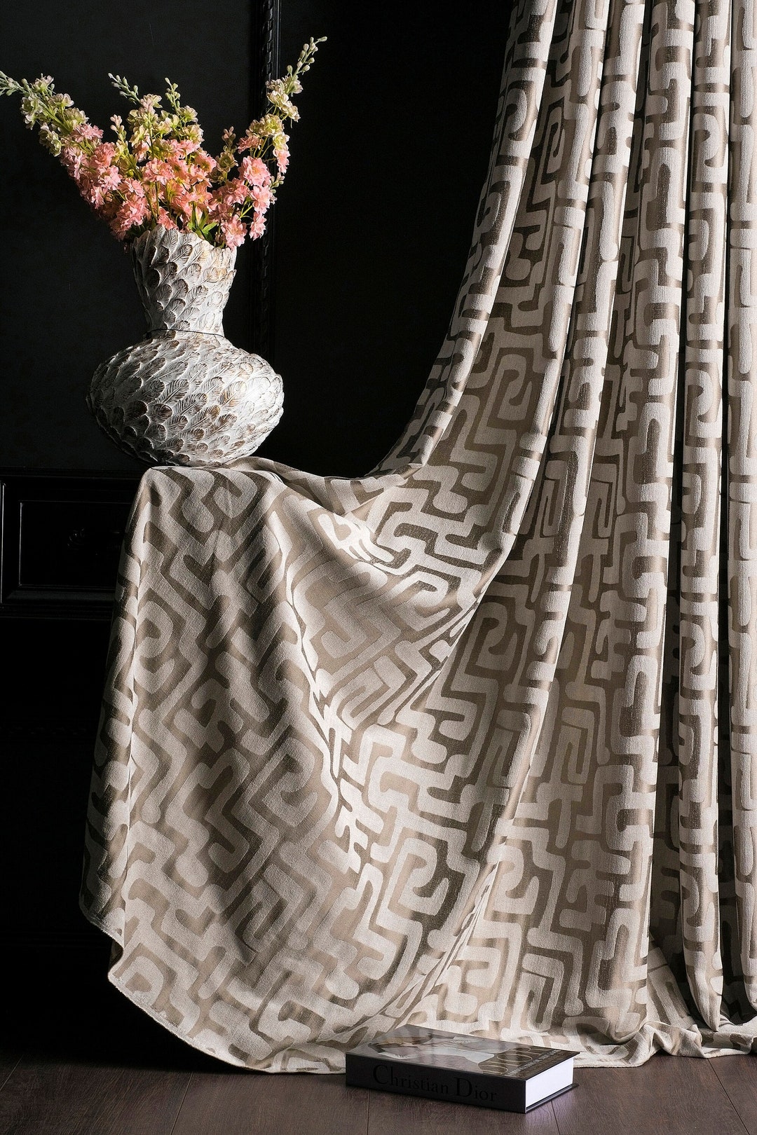 Geometric Patterned Curtain Panel: Luxury Cream & Gray Drape - Etsy