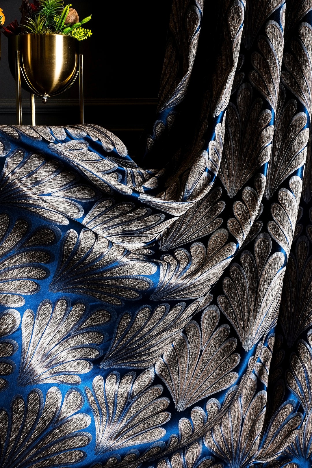 Navy Blue Leaf Curtains for Livingrom and Bedroom,striped Patterned ...