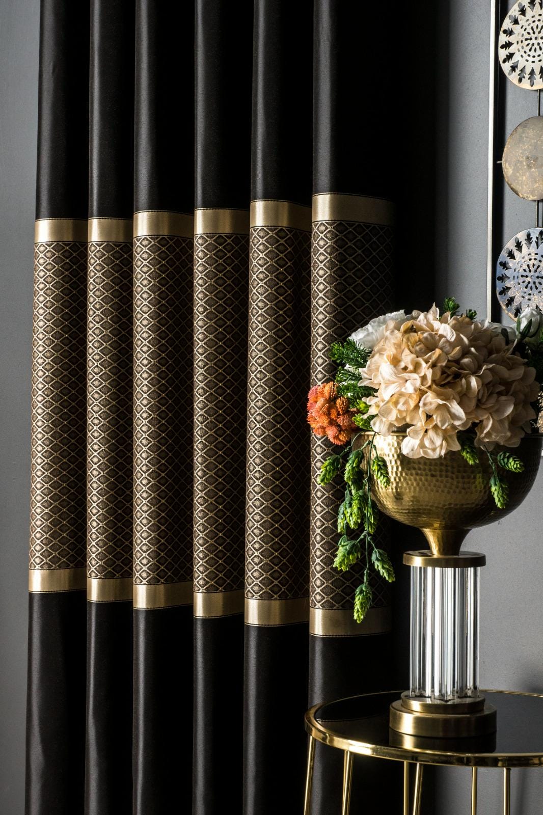 Black Gold Color Block Curtain, Luxury Custom Geometric Drape for ...