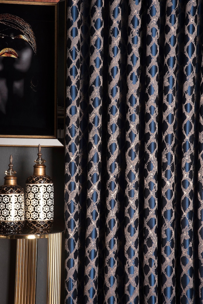 Luxury Geometric Curtains – Navy Blue Striped Drapes, Custom Size, 5 ...