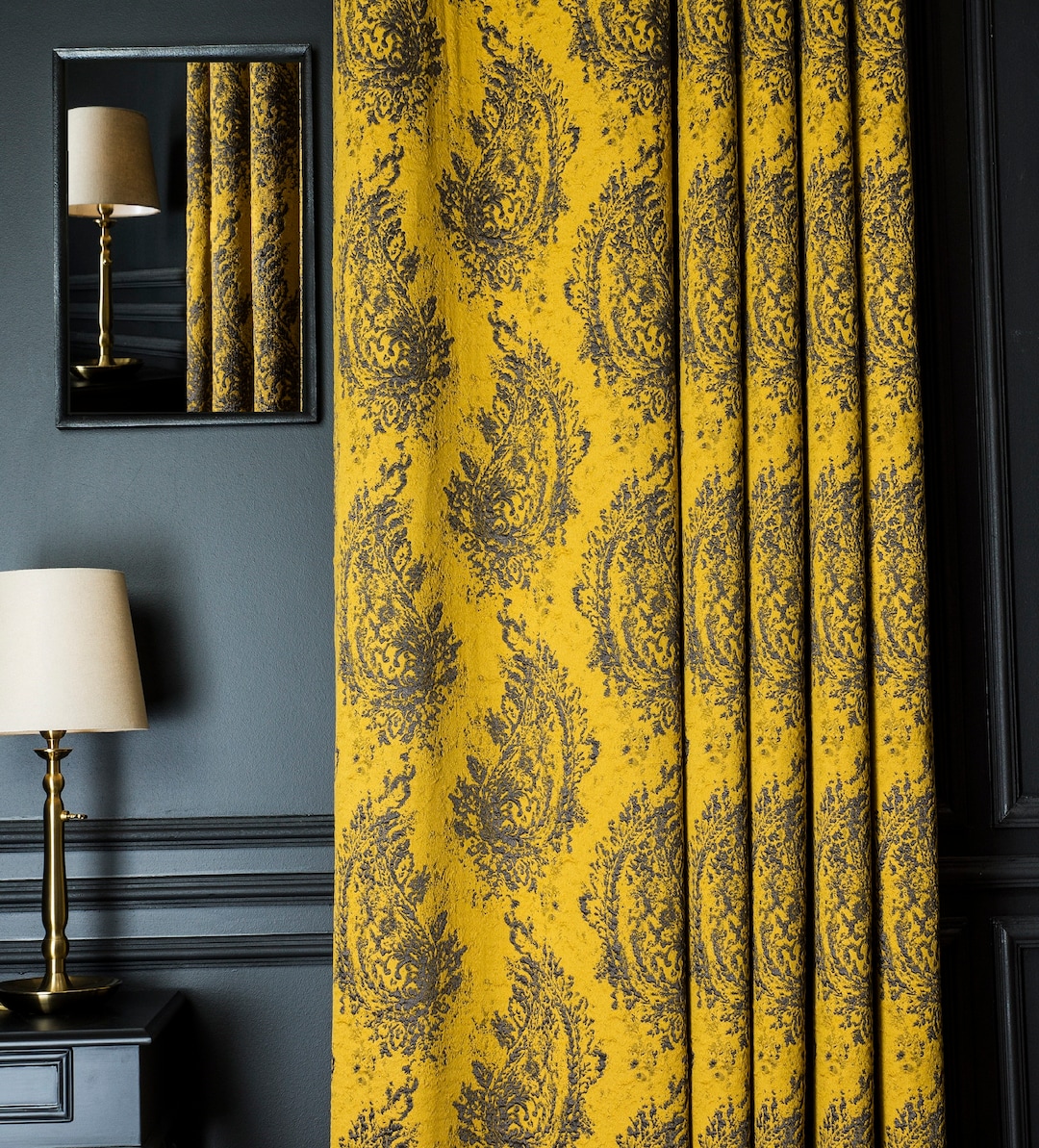 Curtains Panel Damask Fabric Luxury Bedroom Living Room Yellow Gray ...