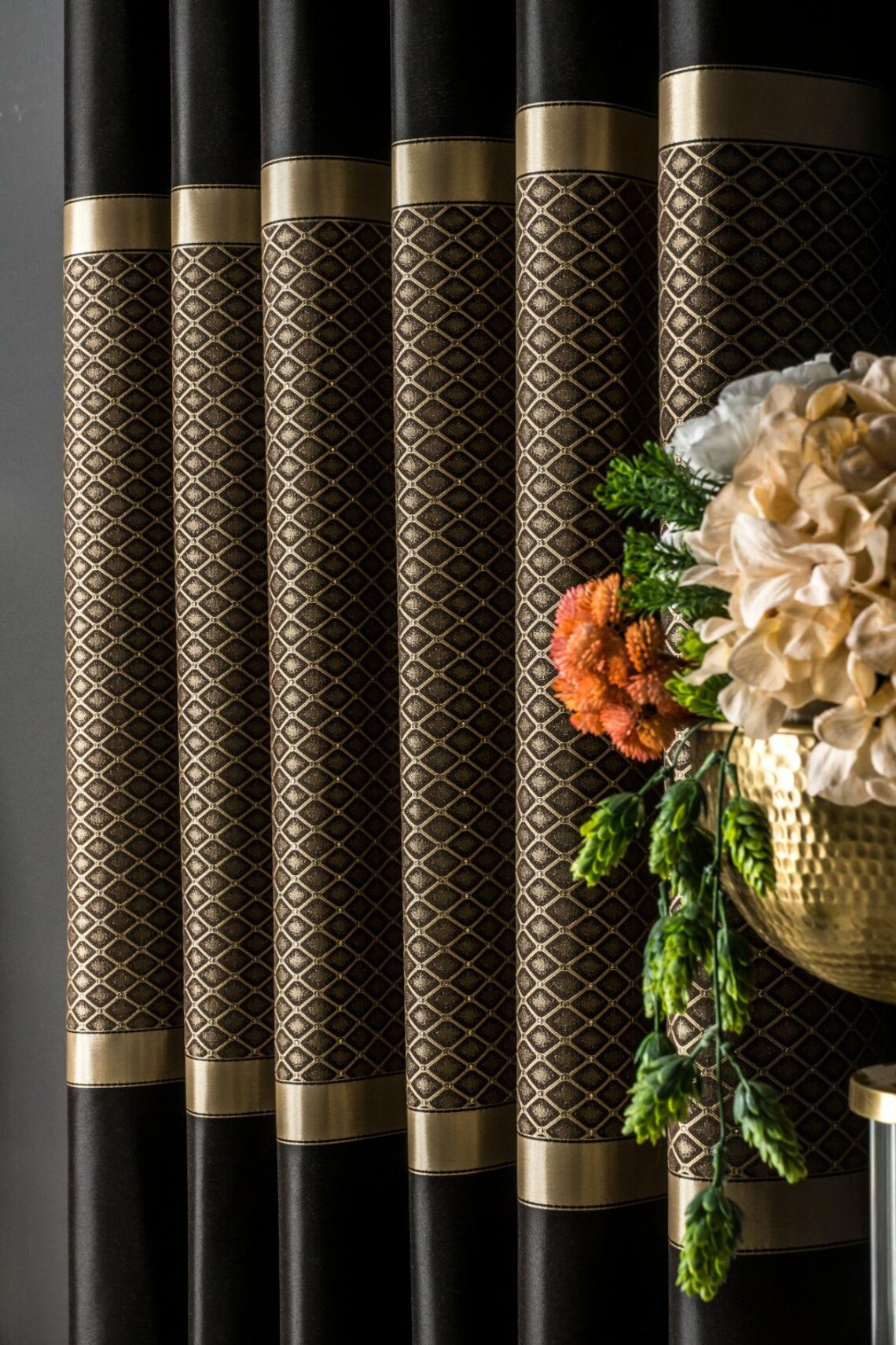 Black Gold Color Block Curtain, Luxury Custom Geometric Drape for ...