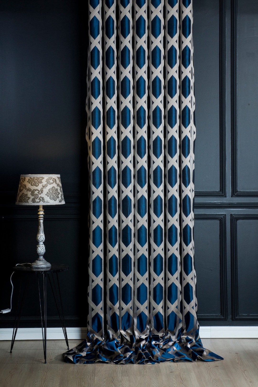 Curtains Panel Blue Beige Striped Patterned Fabric Luxury Bedroom ...