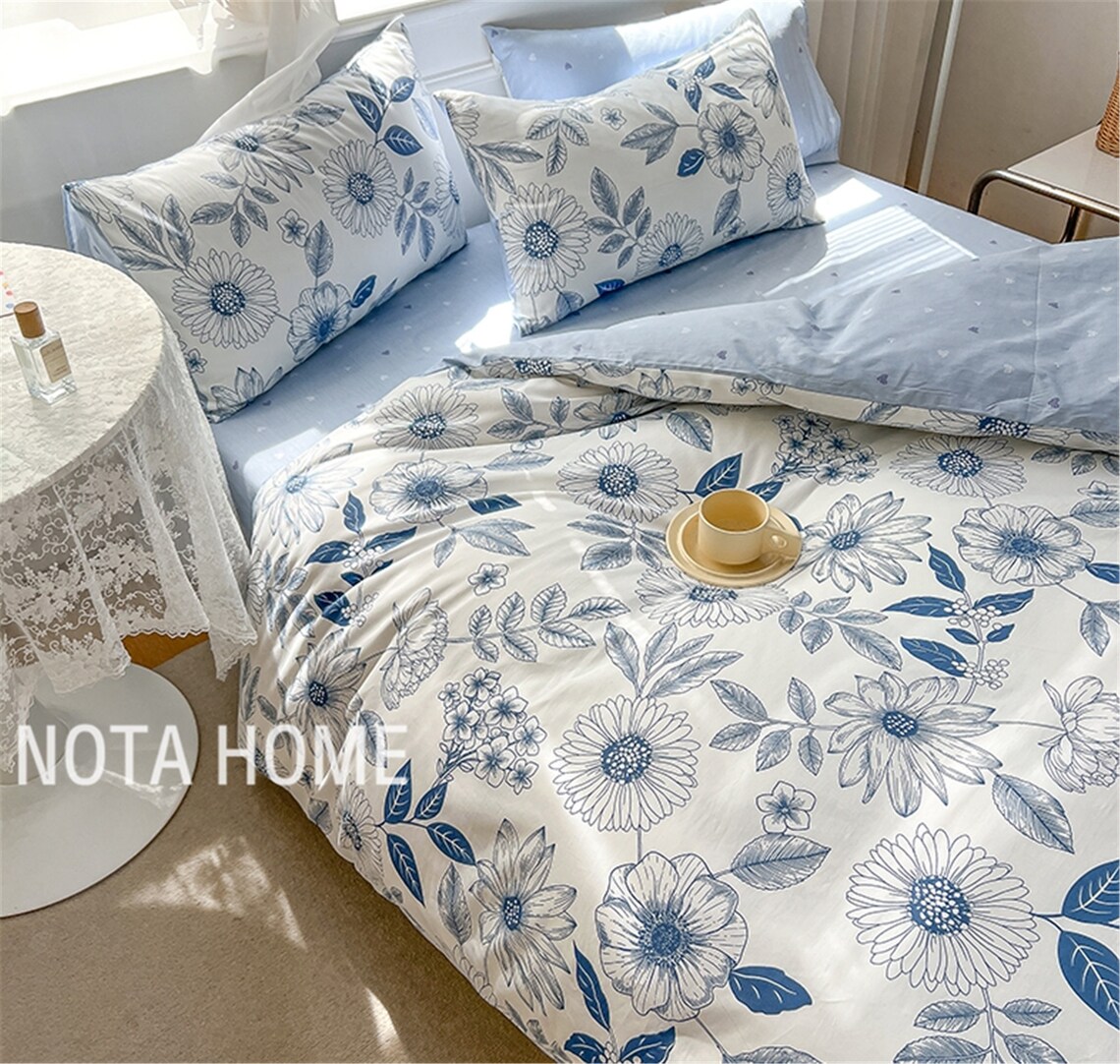 Hand Draw Blue Floral Duvet Cover 100% Cotton Bedding - Etsy