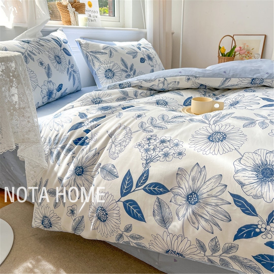 Hand Draw Blue Floral Duvet Cover 100% Cotton Bedding - Etsy