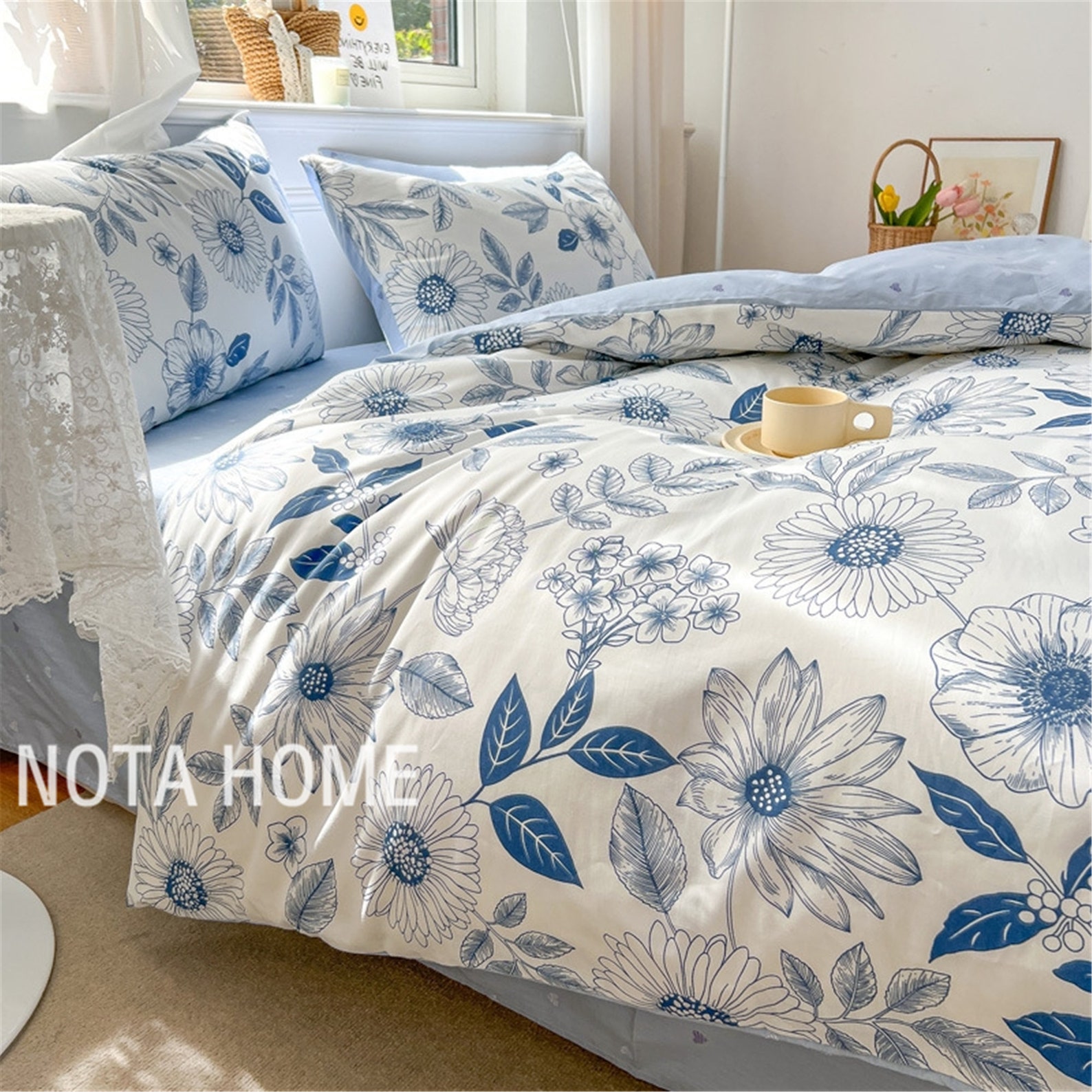 Hand Draw Blue Floral Duvet Cover 100% Cotton Bedding - Etsy
