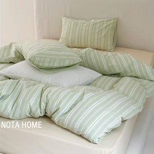 Minimalist 100% Cotton Green Striped Duvet Covers Set With 2 Pillowcase ...