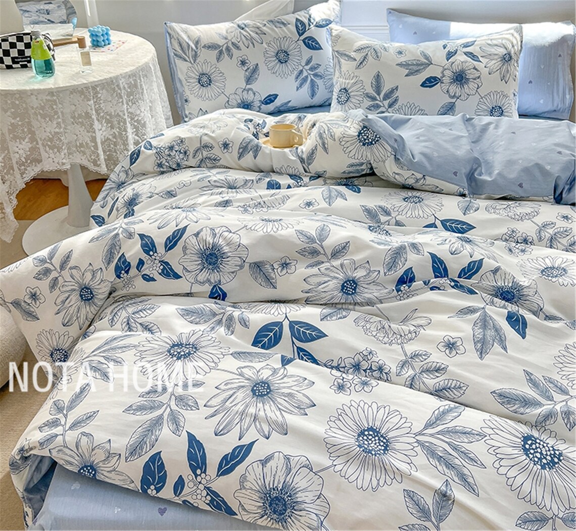 Hand Draw Blue Floral Duvet Cover 100% Cotton Bedding - Etsy