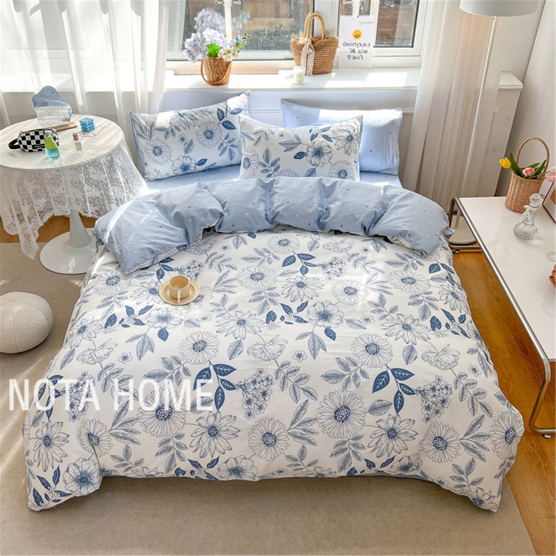 Hand Draw Blue Floral Duvet Cover 100% Cotton Bedding - Etsy
