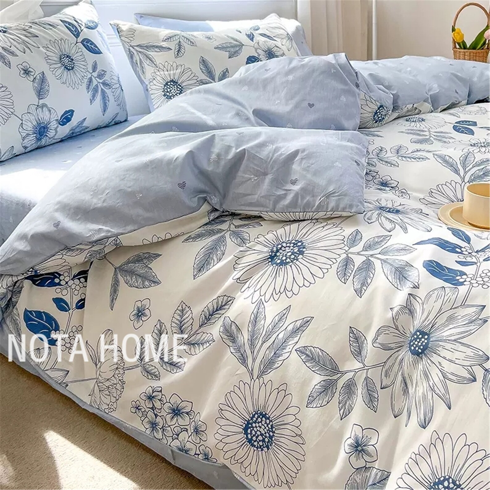 Hand Draw Blue Floral Duvet Cover 100% Cotton Bedding - Etsy