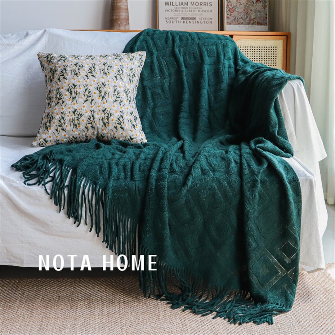 Solid Color Dark Green Jasper Blankets Knitted With Tassel,knitting ...