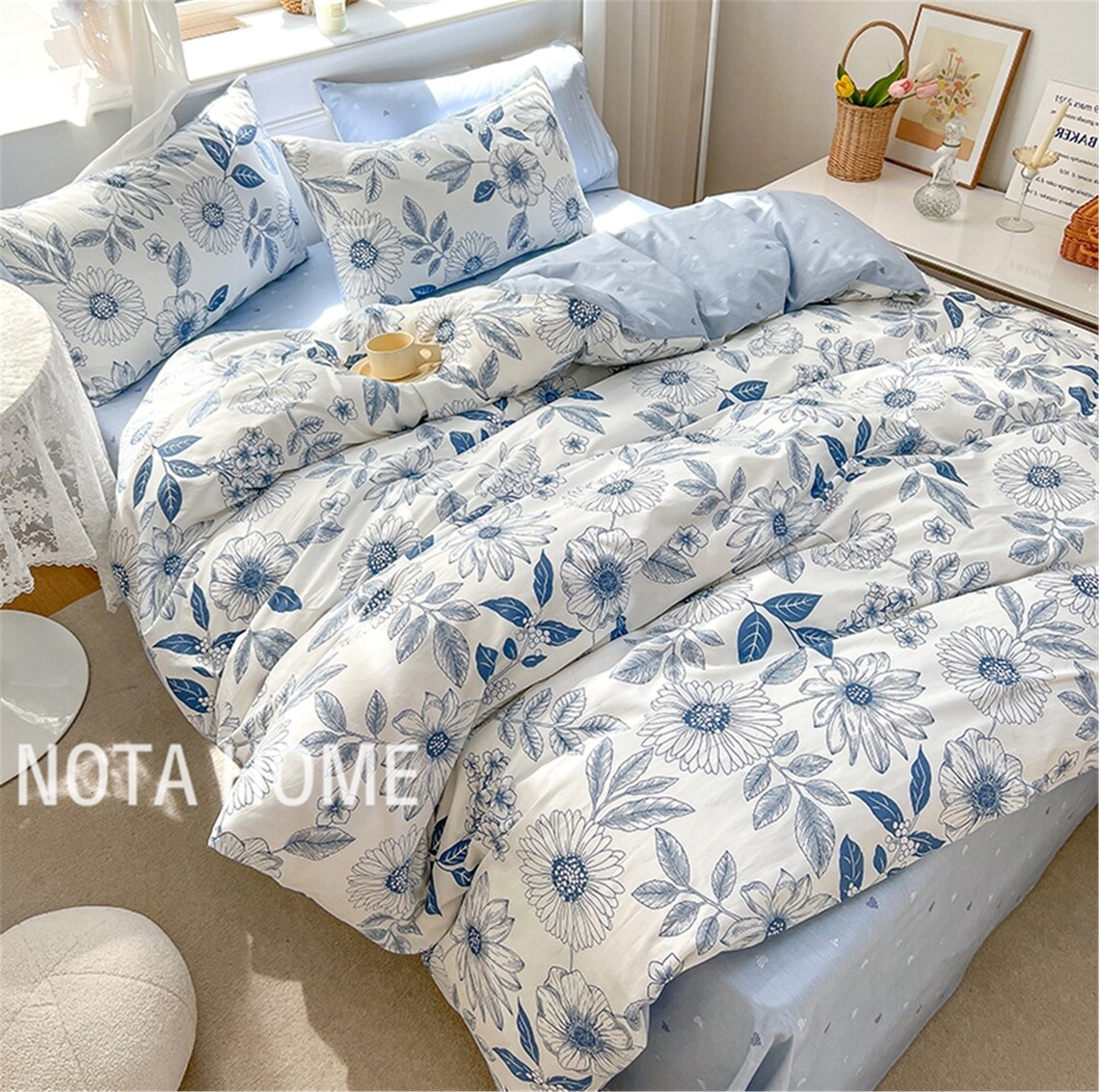 Hand Draw Blue Floral Duvet Cover 100% Cotton Bedding - Etsy