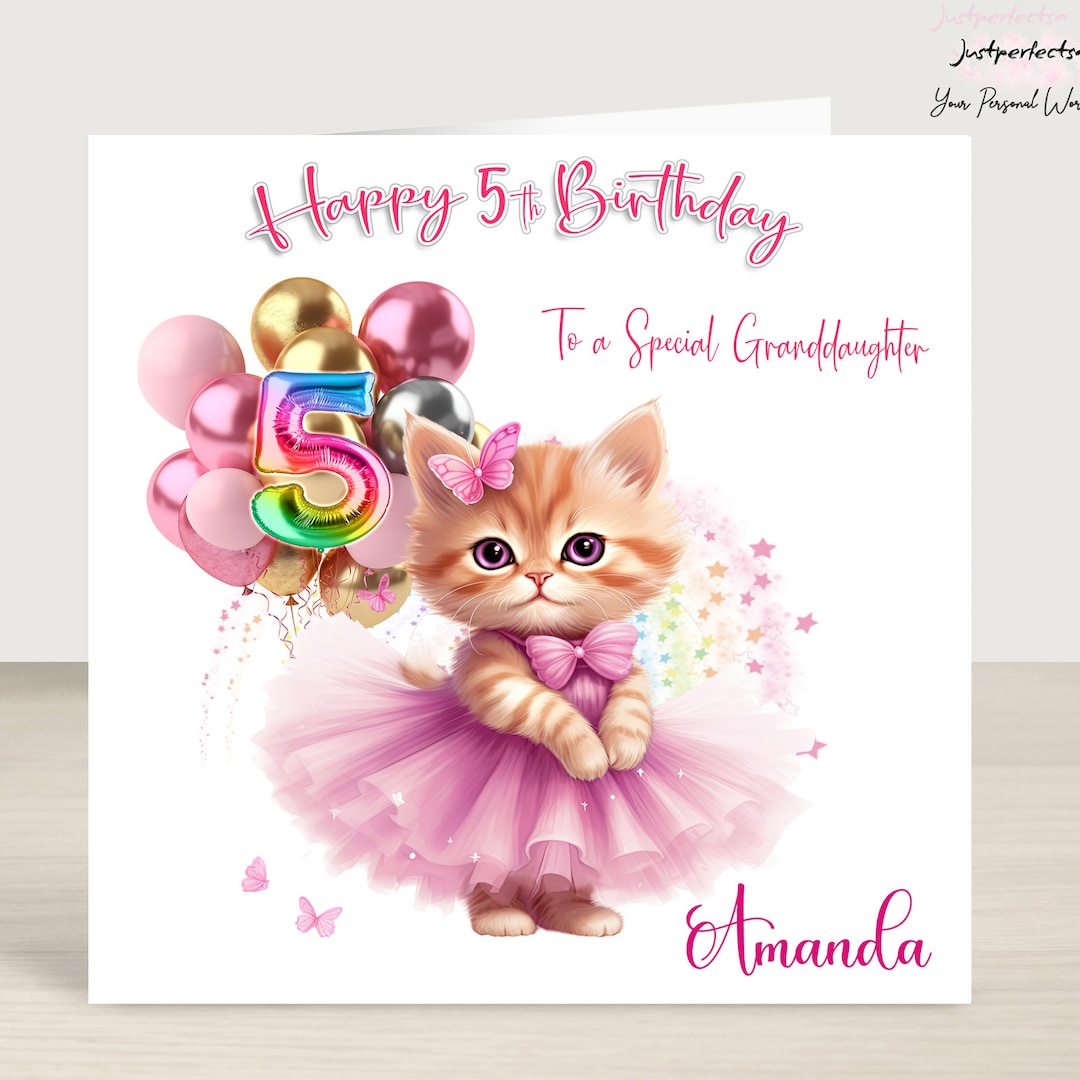 5th Cute Kitten Girls Happy Birthday Card Personalised Kitten Card ...