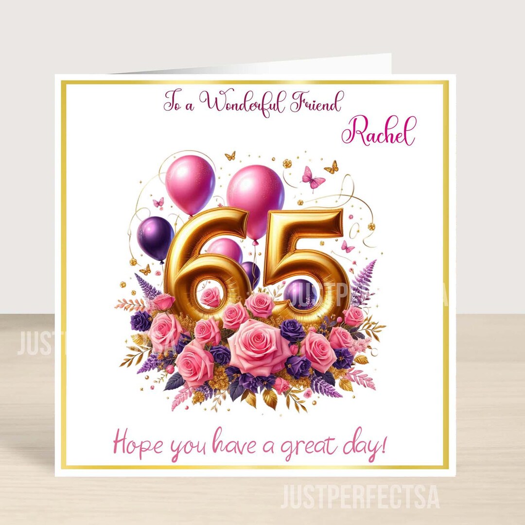 65th Birthday Card, Personalised 65th Card , Pink Purple Roses Gold ...
