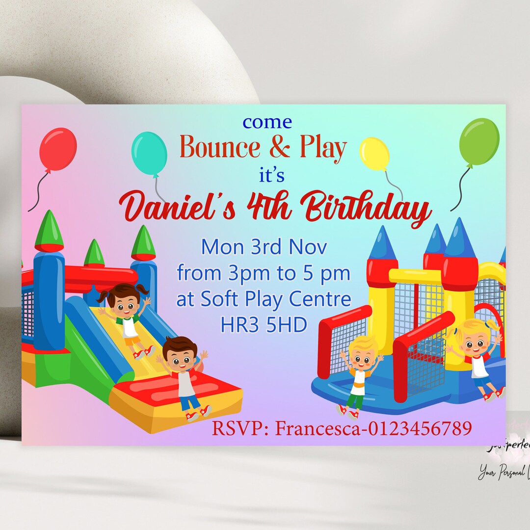 Personalised Soft Play Birthday Party Invitation + Envelopes Bouncy ...