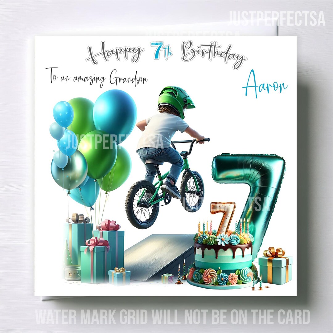 Personalised 7th Boy on Bike Birthday Card, Grandson, Son, Nephew ...