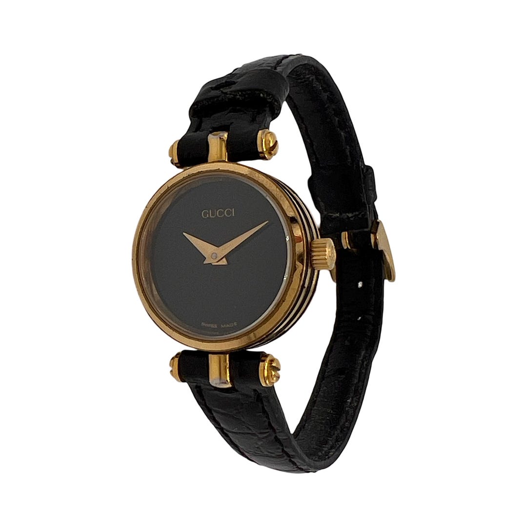 Gucci Watch Black Gold Logo GG Leather Wristwatch Round Vintage Y2K ...