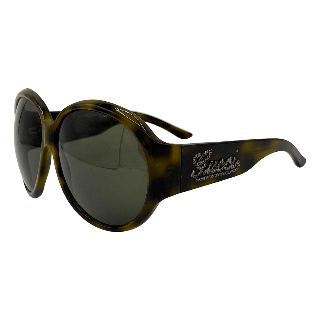 Gucci Sunglasses Round Oversized Logo Green Tortoiseshell Diamante ...