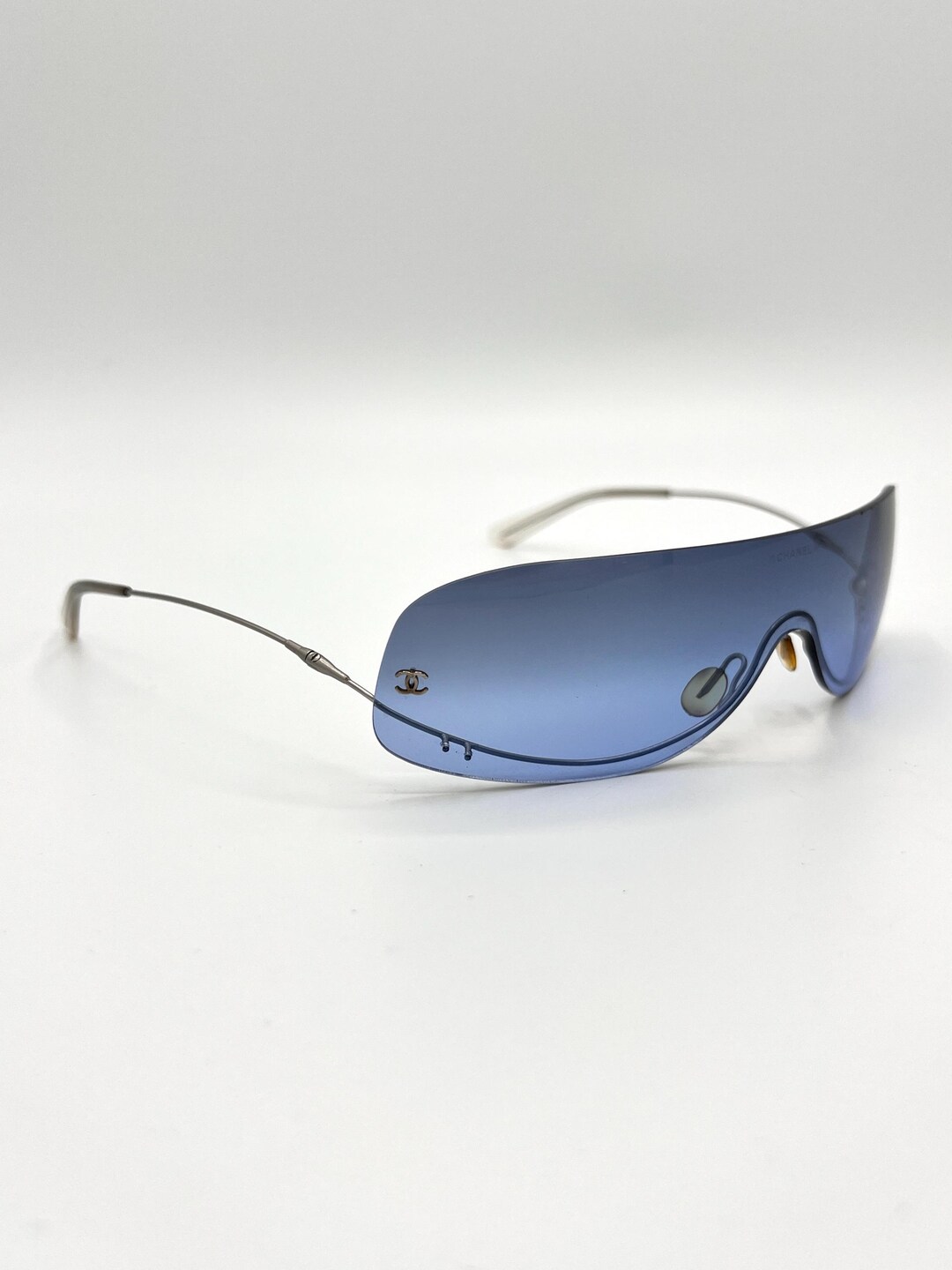 Chanel Sunglasses Rimless Shield Visor Blue Pearl Silver CC Logo ...