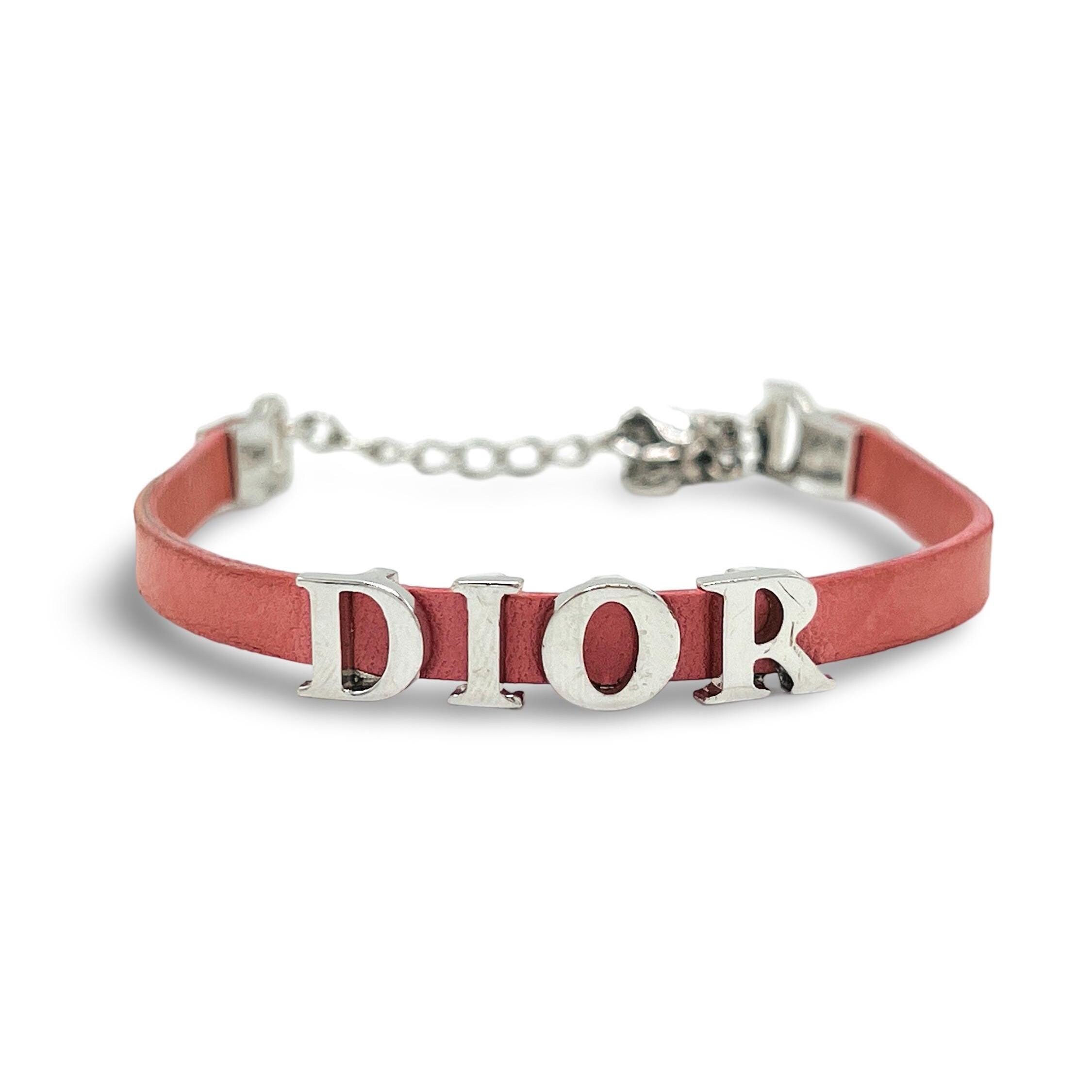 Christian Dior Armband Logo Pink Leder Silber Monogramm Buchstaben Buchstabieren Metall Cuff Vintage authentisch Etsy