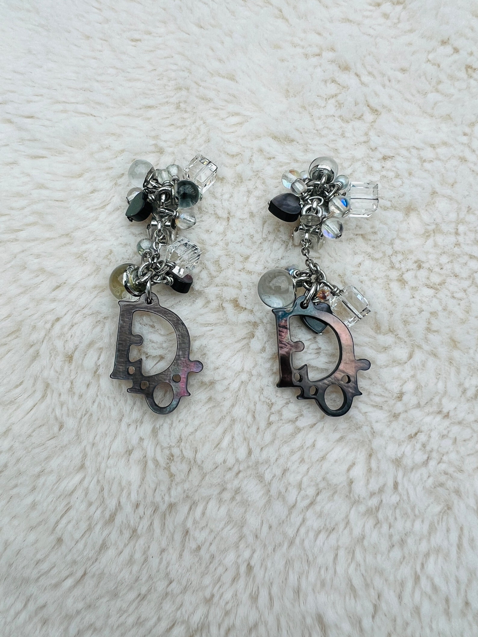 Christian Dior Earrings Logo Monogram Pearlescent Silver Beaded Clip on ...