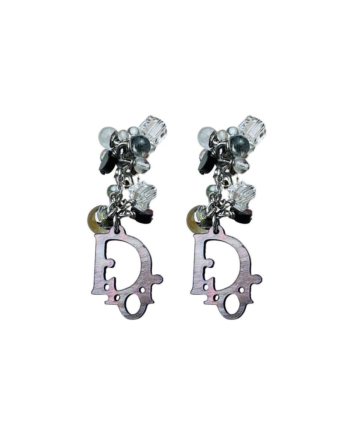 Christian Dior Earrings Logo Monogram Pearlescent Silver Beaded Clip on ...
