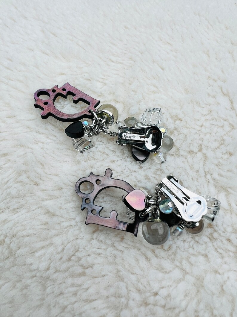 Christian Dior Earrings Logo Monogram Pearlescent Silver Beaded Clip on ...