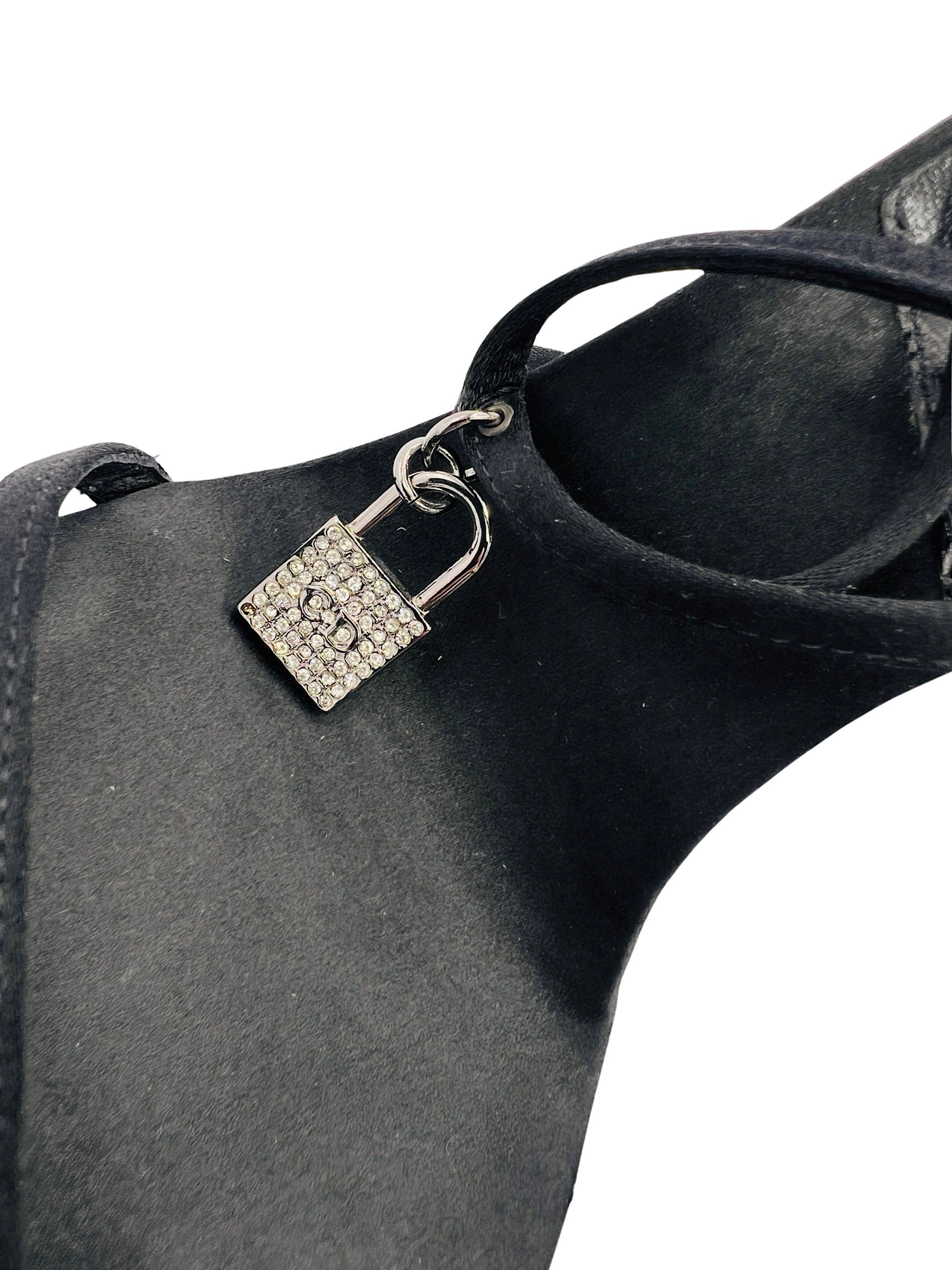 Dior Heel Sandals Black Strappy Open Toe Silver Crystal Diamante Padlock Keys Satin Vintage Y2k