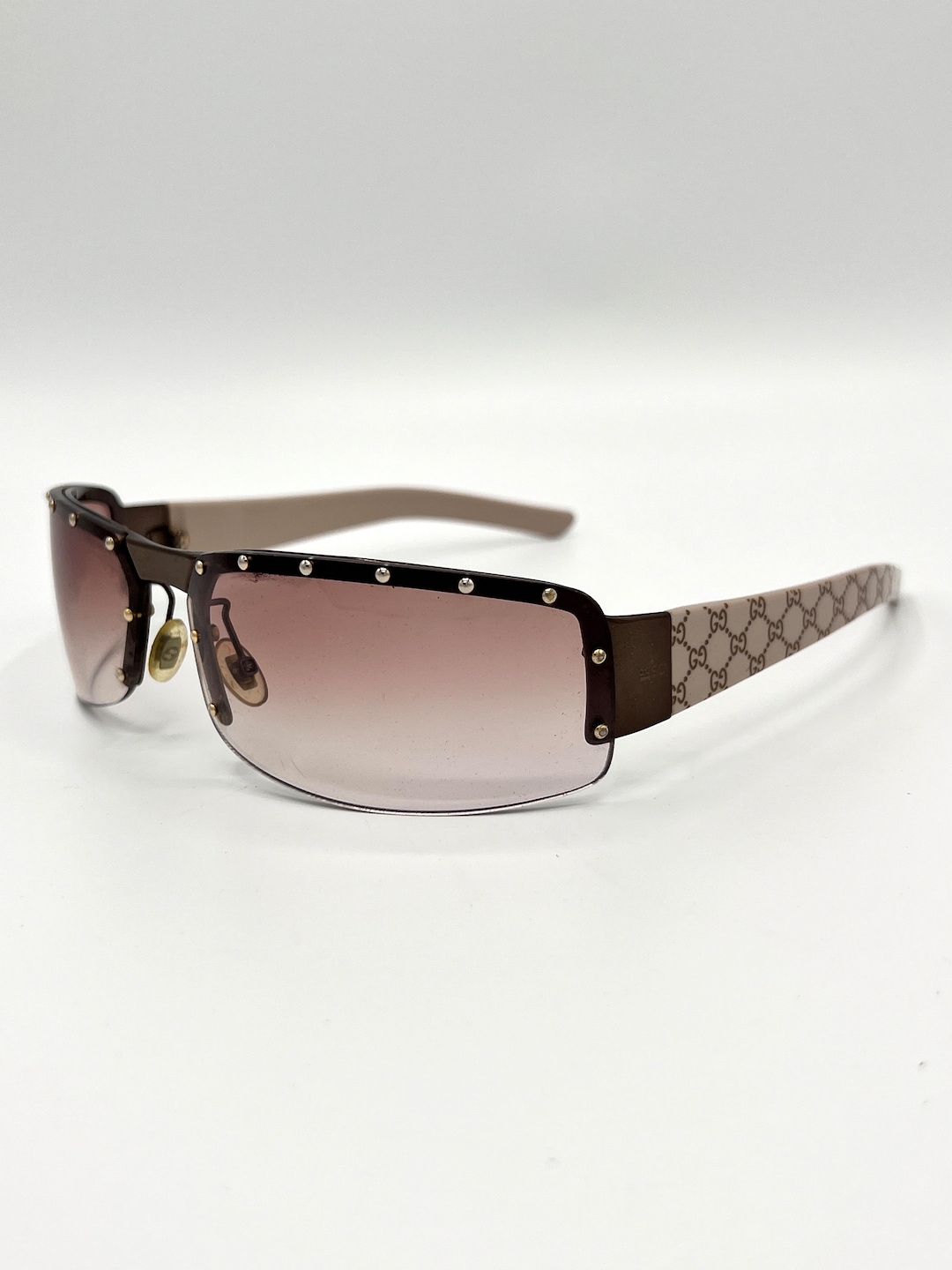 Gucci Sunglasses Rimless Rectangle GG Logo Monogram Studded Brown Cream ...