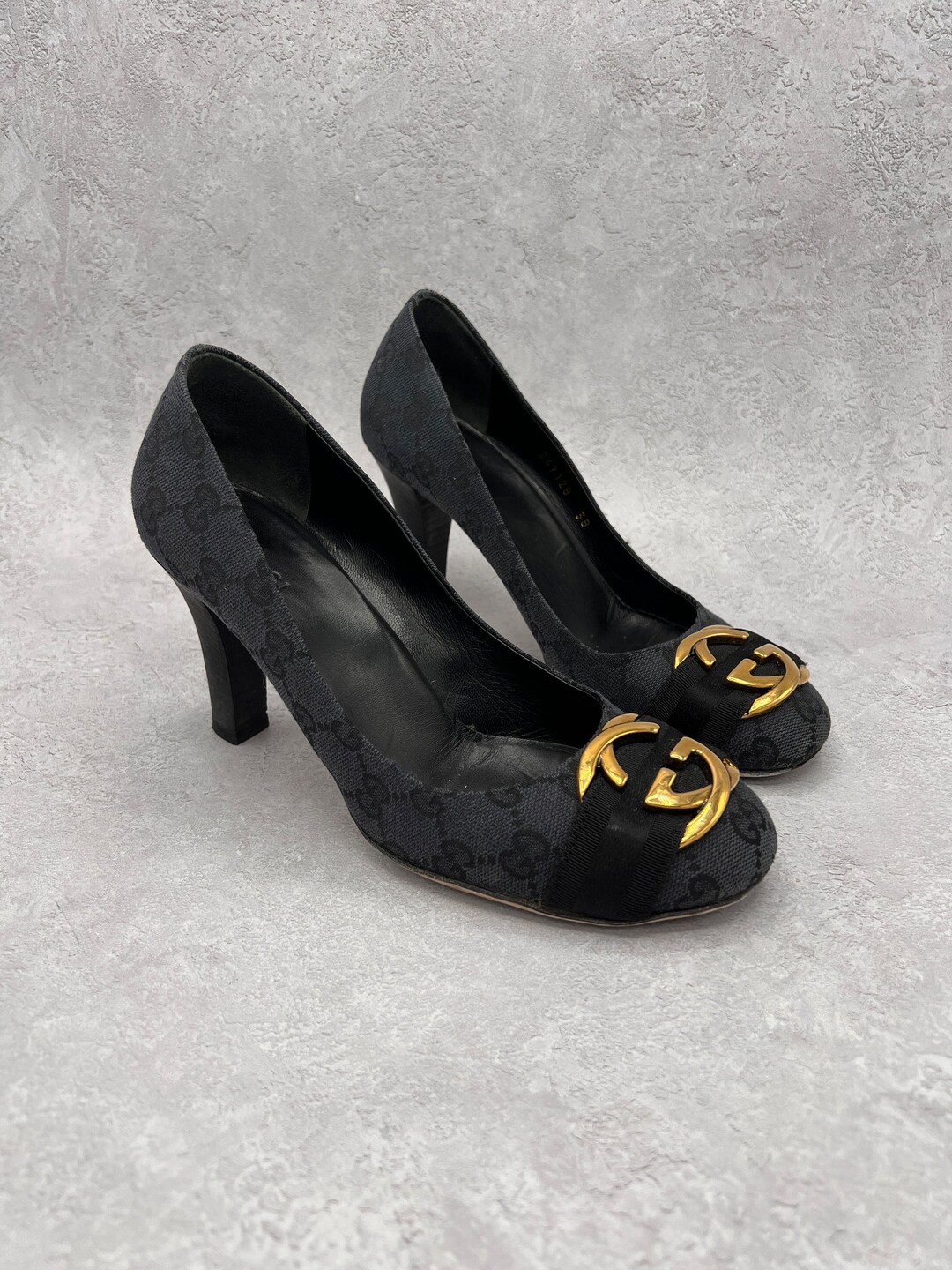 Gucci GG Heels Courts Black 38 / 5 Canvas Round Toe Logo Gold Buckle ...