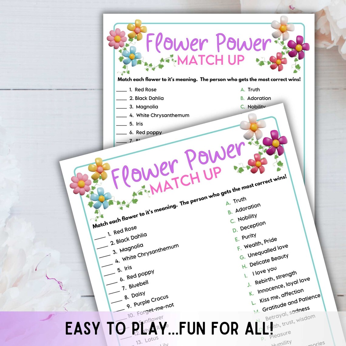 Spring Flower Power Trivia Match up | Flower Matching Game | Printable ...