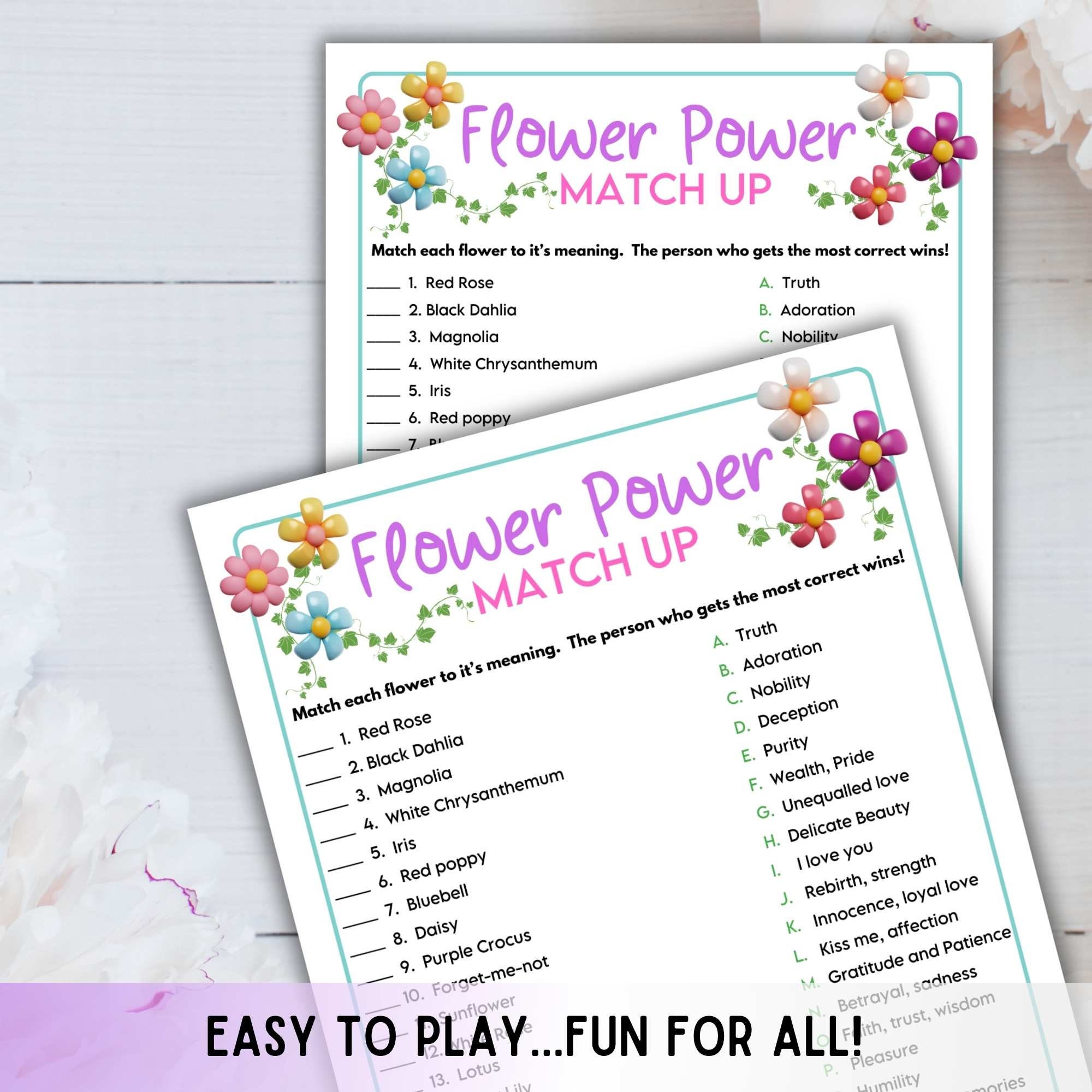 Spring Flower Power Trivia Match up | Flower Matching Game | Printable ...