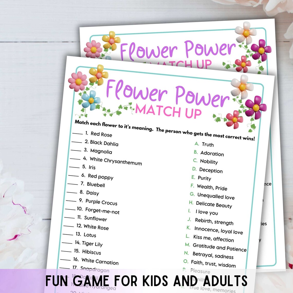 Spring Flower Power Trivia Match up | Flower Matching Game | Printable ...