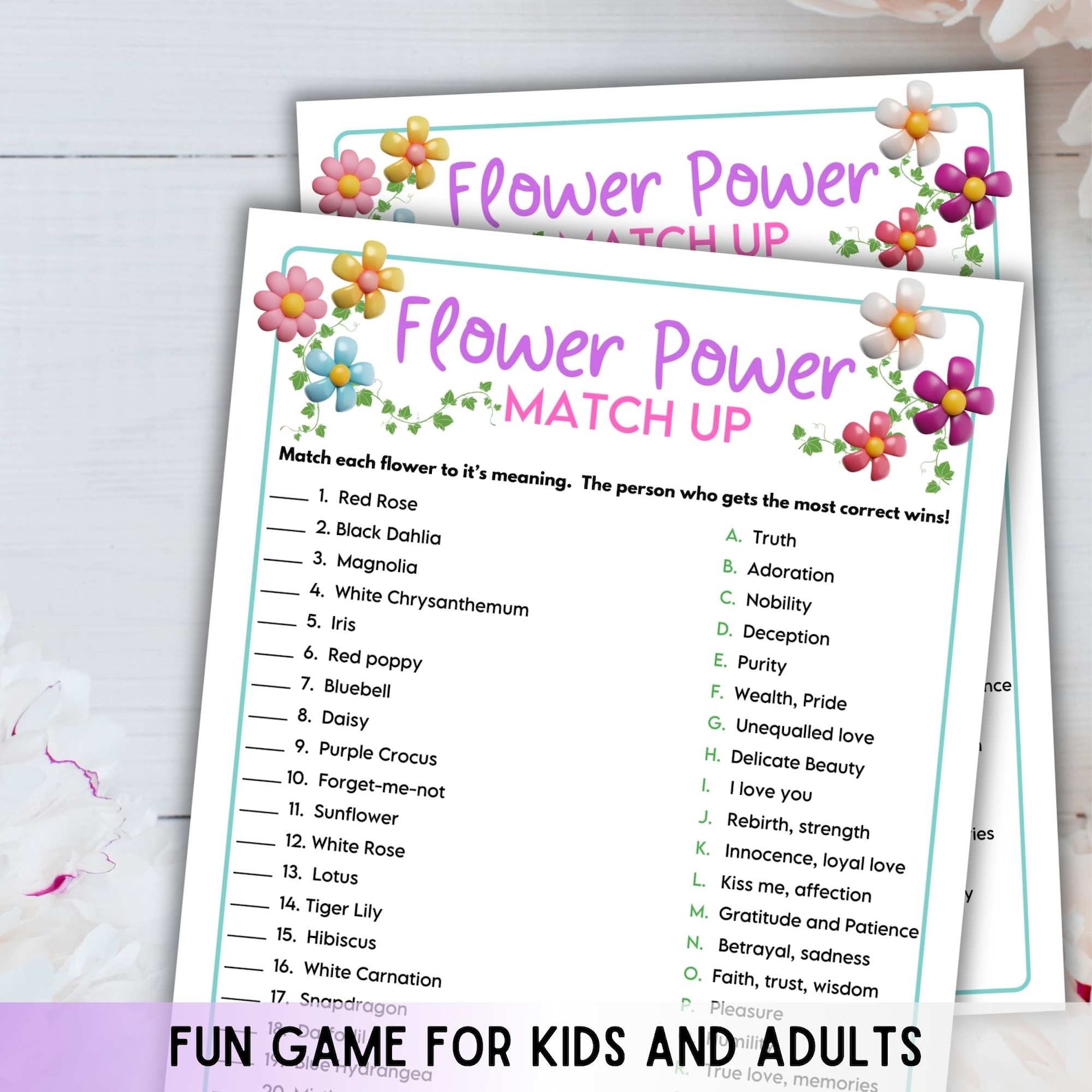 Spring Flower Power Trivia Match up | Flower Matching Game | Printable ...