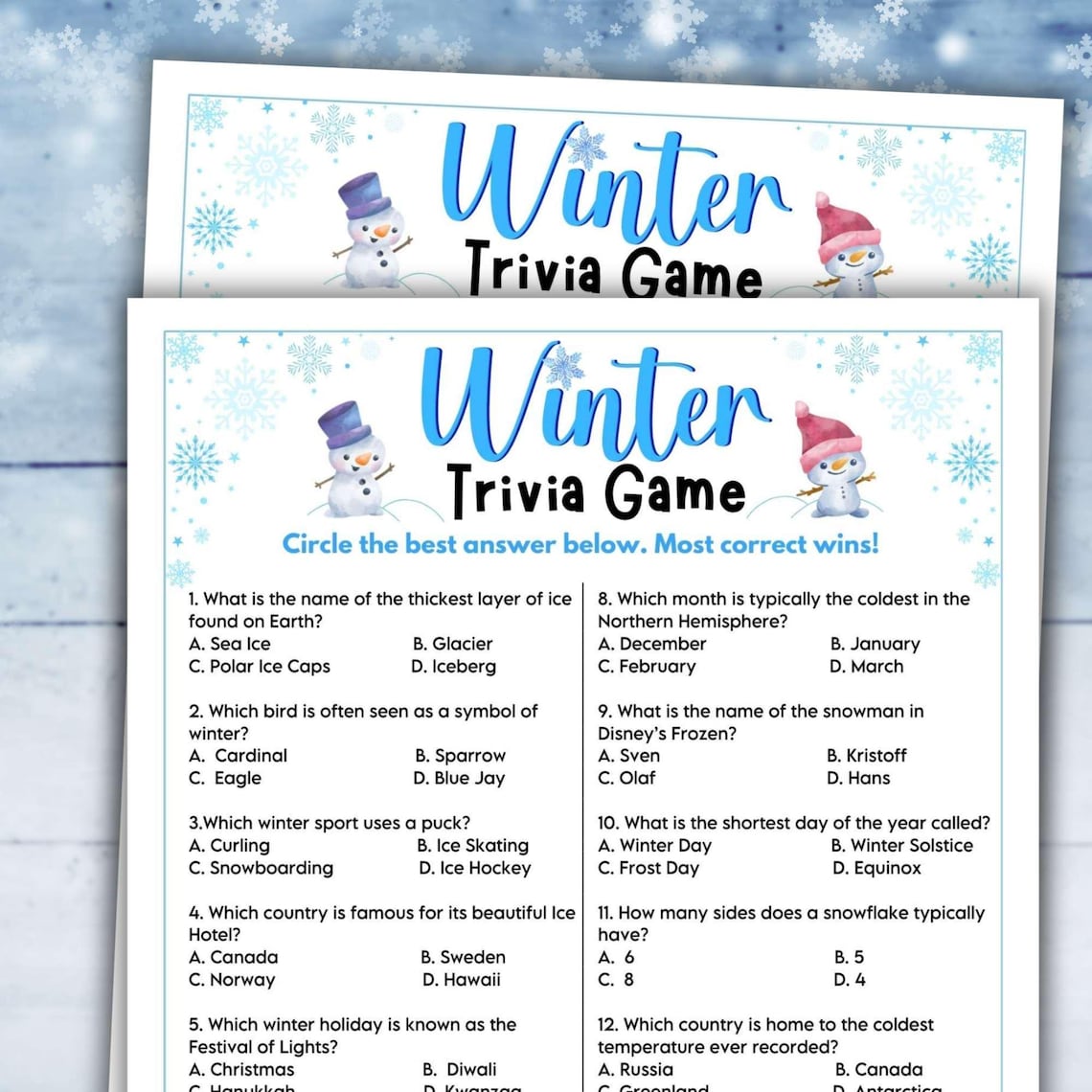 Winter Trivia Game | Printable Winter Games | Winter Game for Adults ...