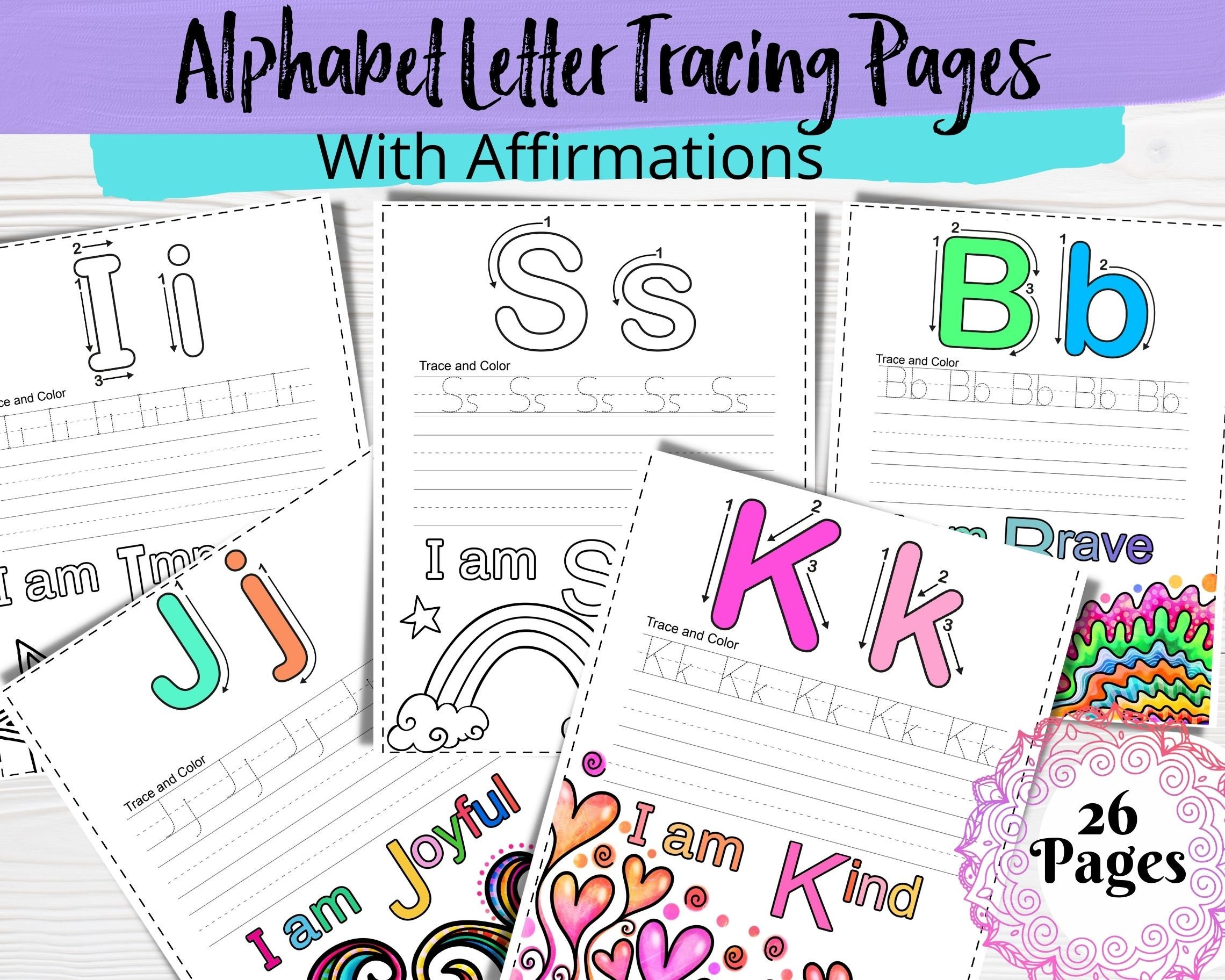 Alphabet Letter Tracing Pages With Affirmations/letter Tracing for Kids ...